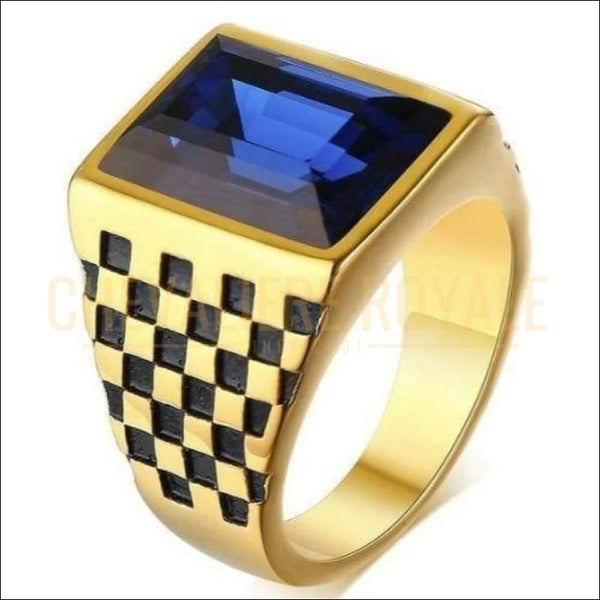 Chevalière Damier Pour Homme Acier Bleue et Noire – Chevalière Royale